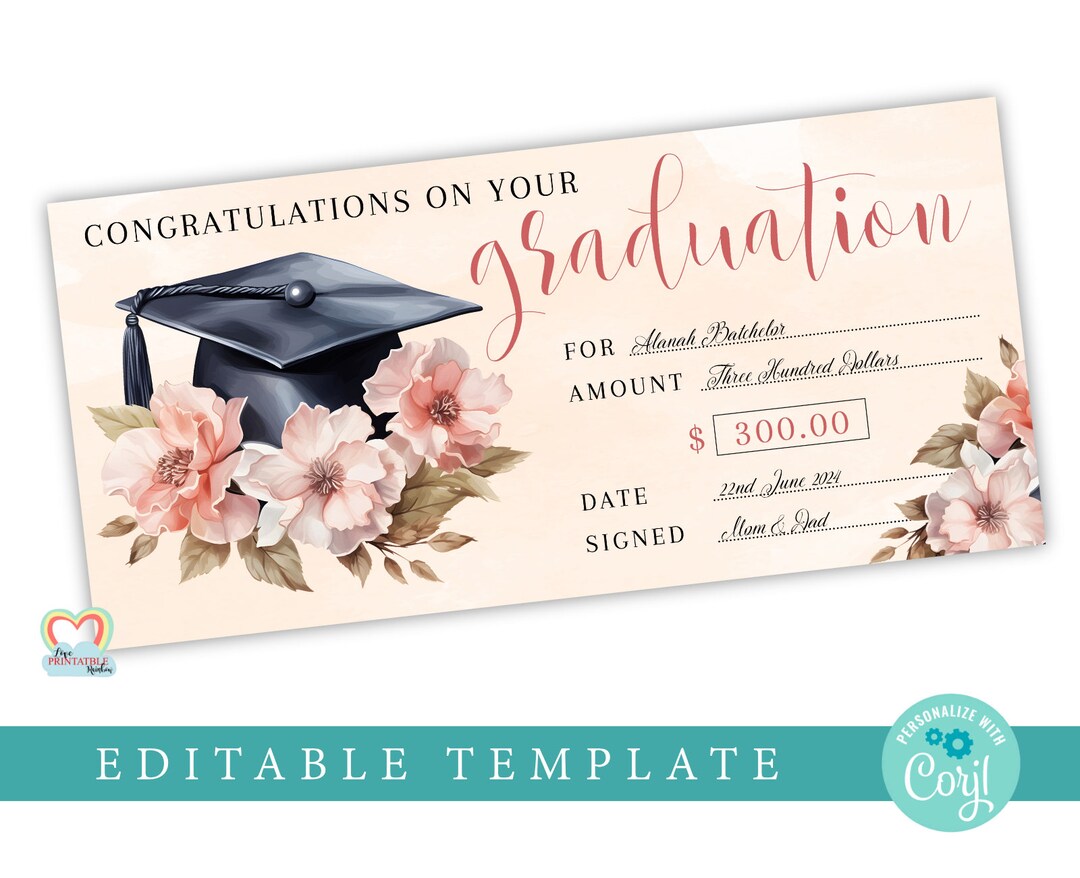 Graduation Gifting Cheque. Printable Blank Cheque. Euros, Pounds and ...