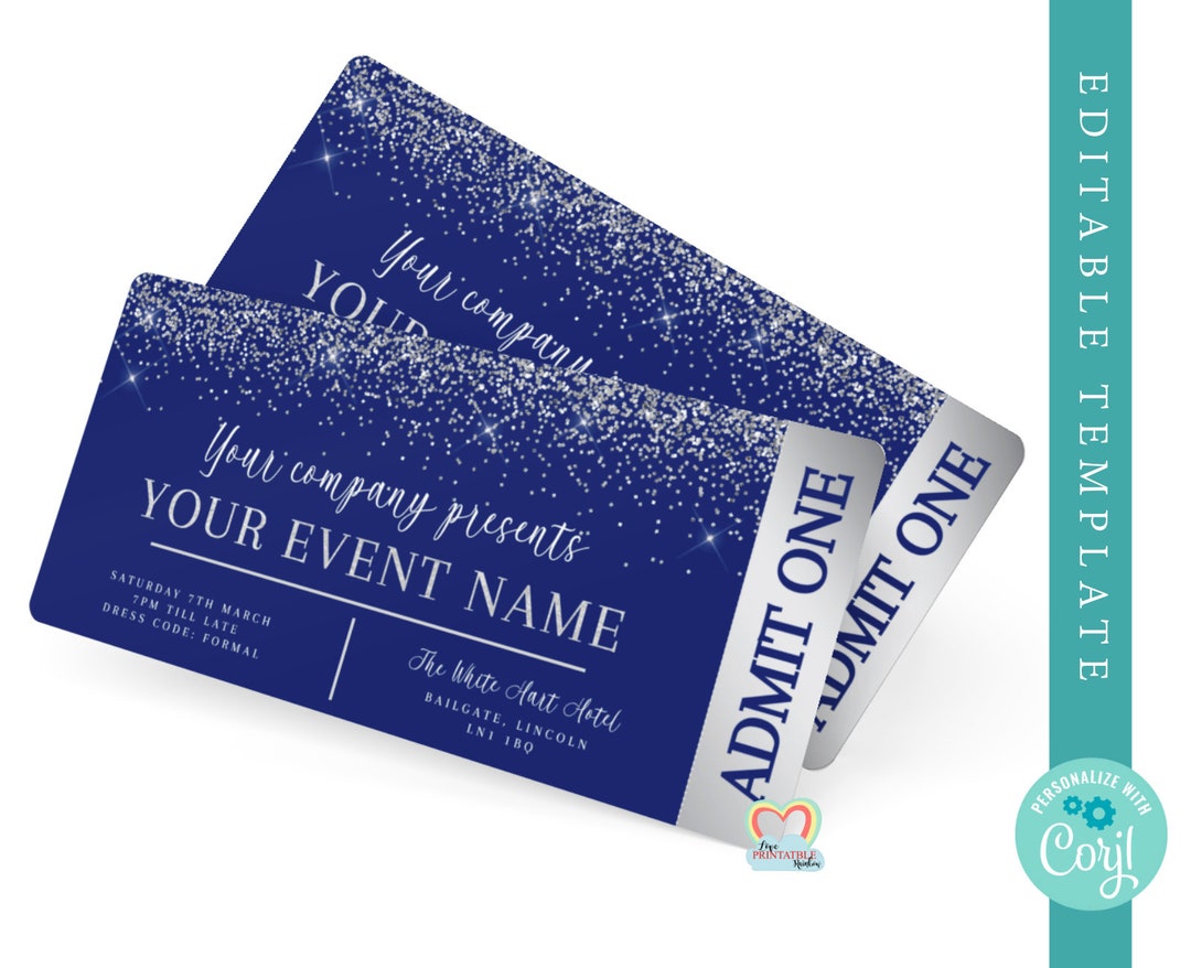 Blue Silver Event Ticket Printable, Editable Event Ticket, Senior Prom ...