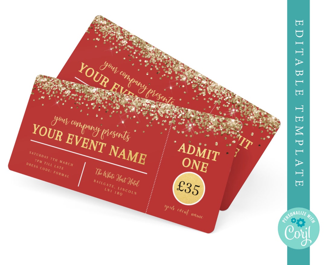 Red and Gold Event Ticket Template: Editable Prom Ticket (digital ...