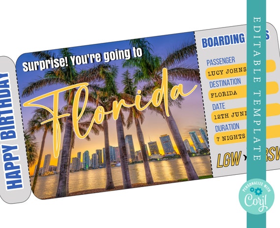 Florida Boarding Pass Template Trip to Florida Airplane Ticket - Etsy