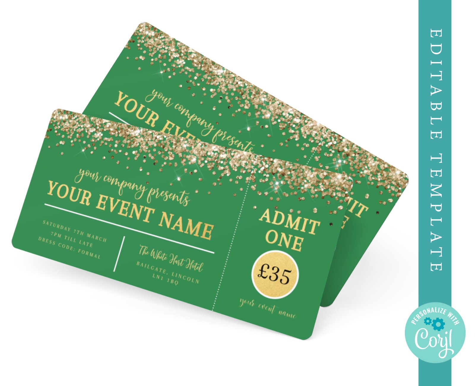 Green and Gold Event Ticket Printable Editable Event Ticket - Etsy