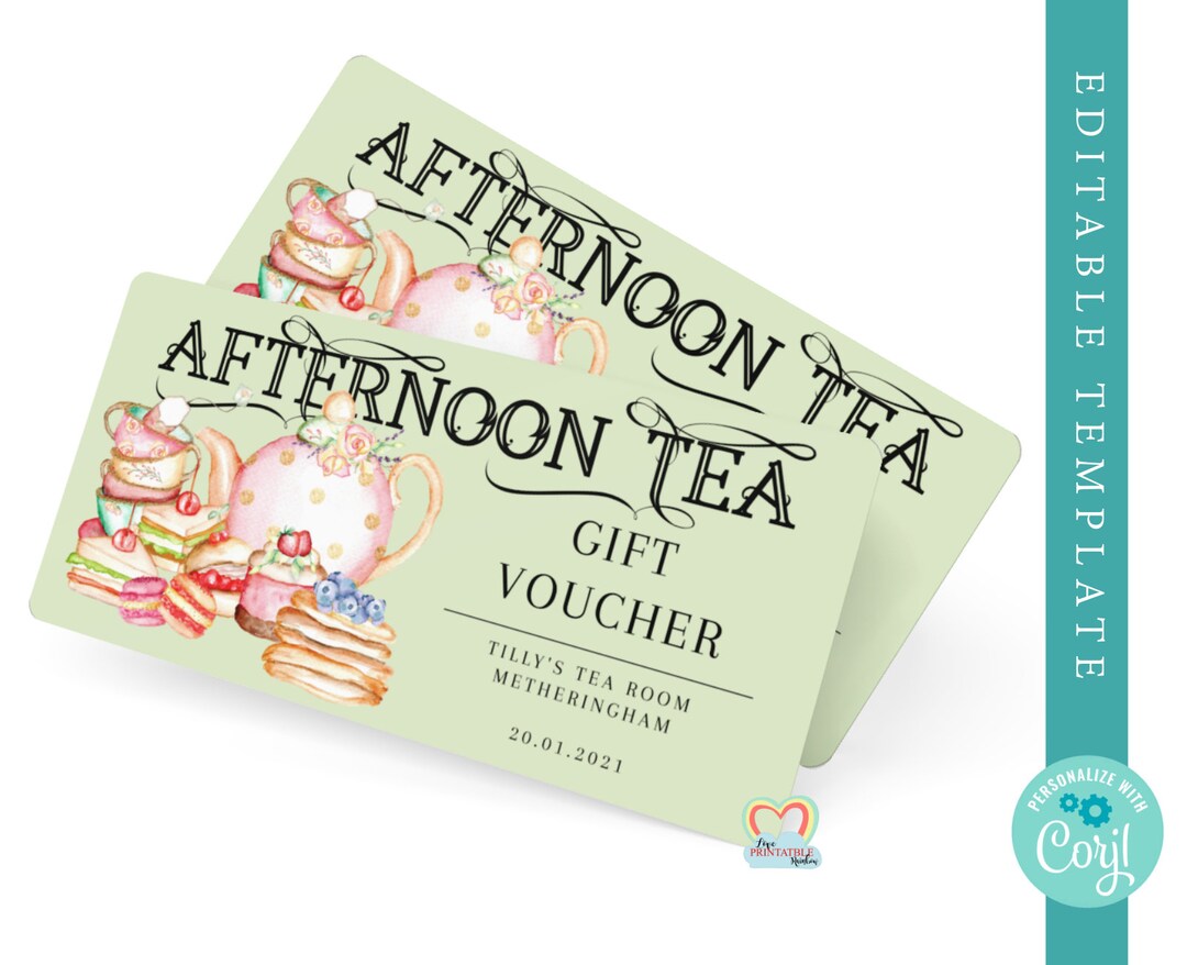 Afternoon Tea Gift Voucher Printable Editable Template High Tea Gift ...