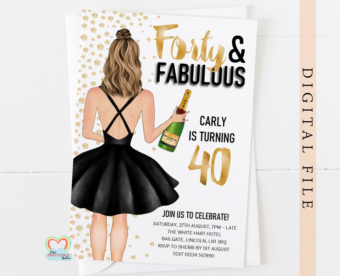 Forty and Fabulous Personalised 40th Birthday Invitation Black Gold ...