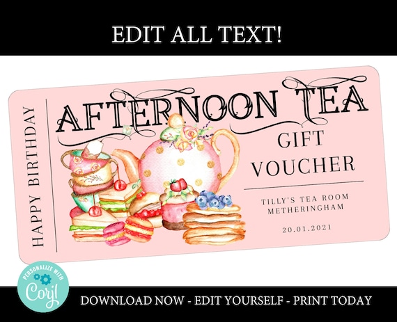Afternoon tea gift voucher printable editable template high | Etsy