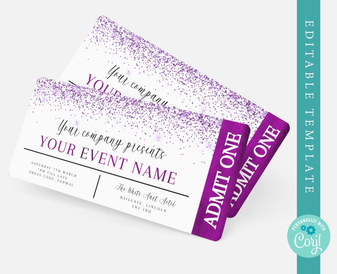 Purple Glitter Event Ticket Template: Editable Prom Ticket (digital) - Etsy