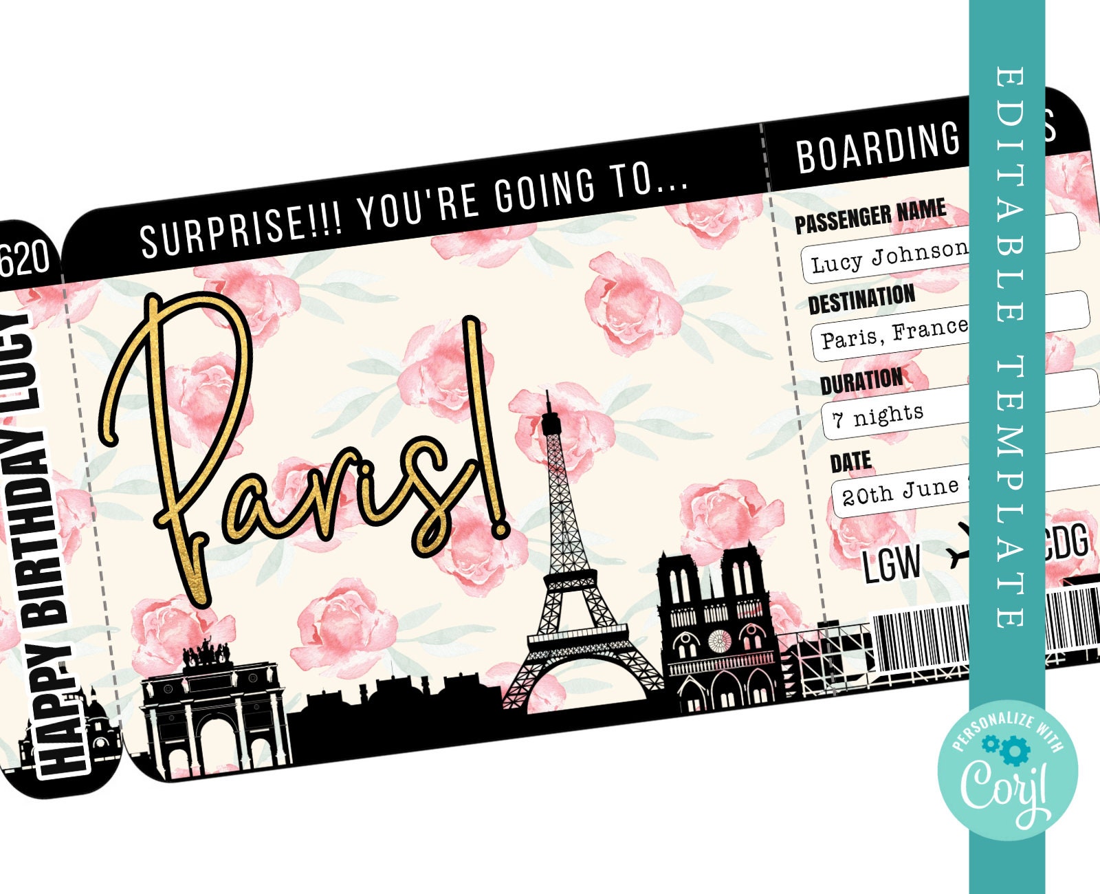 Paris Boarding Pass Template Trip to France Airplane Ticket | Etsy