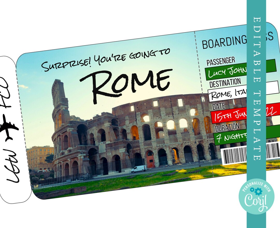Rome Boarding Pass Template Trip to Italy Airplane Ticket Printable ...