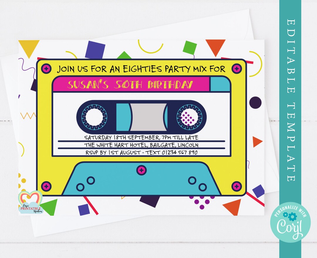 Cassette Tape Invitation 80s Birthday Invite Printable Retro Music ...
