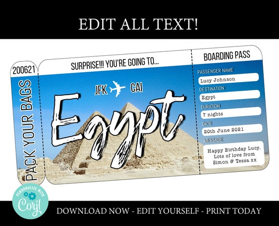 Egypt boarding pass template trip to Cairo airplane ticket | Etsy