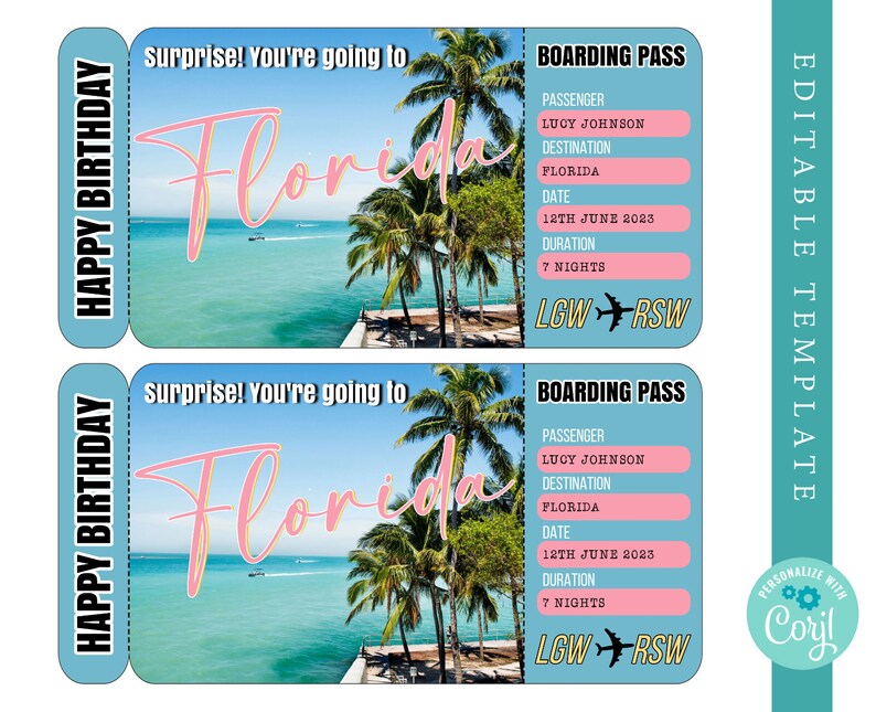 Florida Boarding Pass Template Trip to Florida Airplane Ticket - Etsy