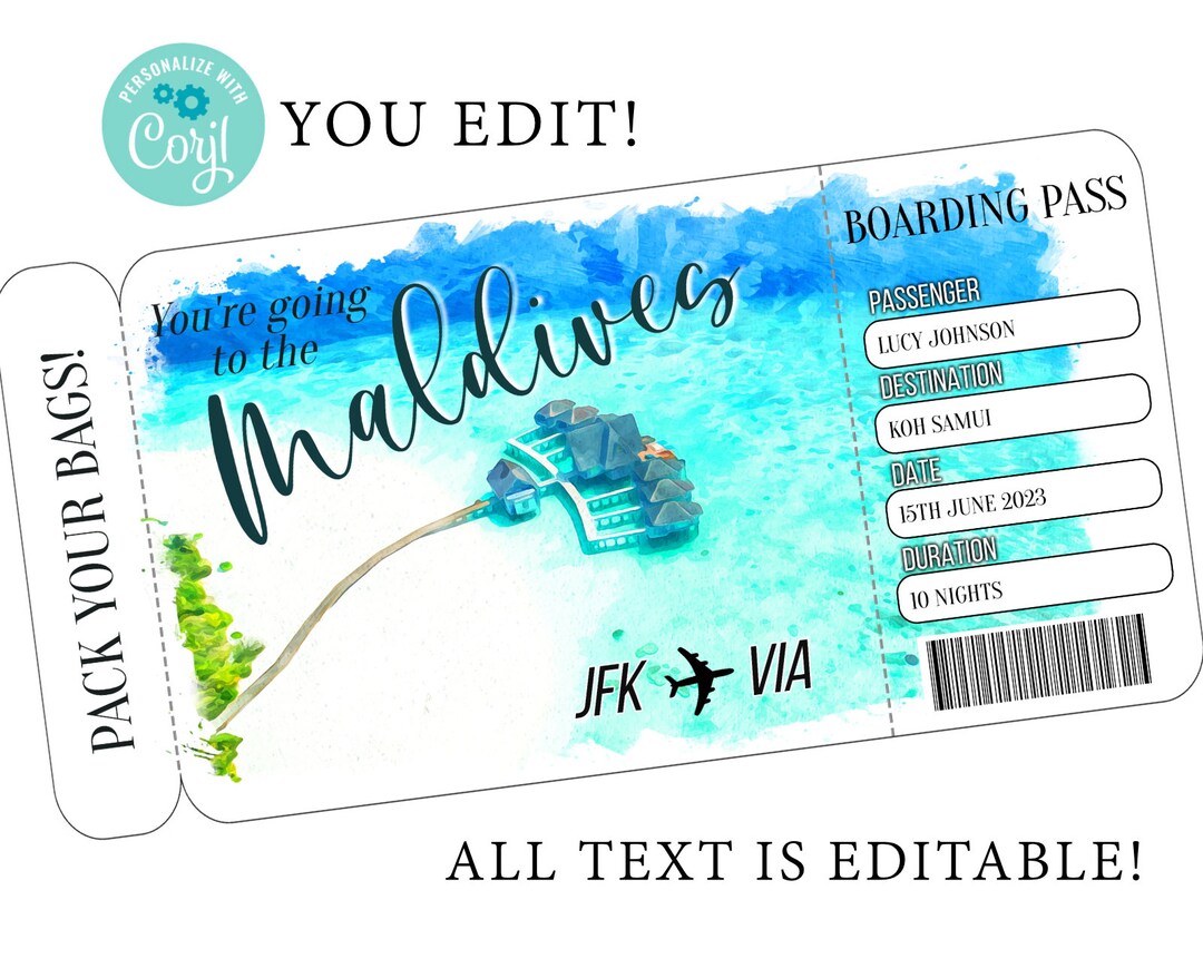 Maldives Editable Boarding Pass Printable Surprise Airline Ticket Trip ...