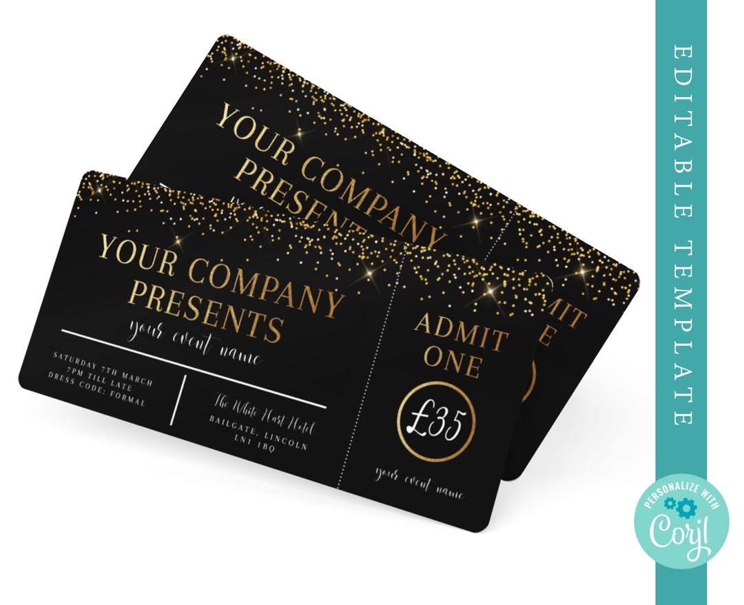 Editable Gold Event Ticket Template: Prom, Party Invitation (DIY ...