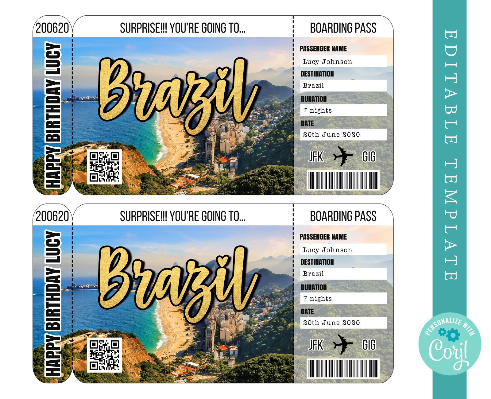 Brazil Boarding Pass Template Trip to Brazil Airplane Ticket Printable ...