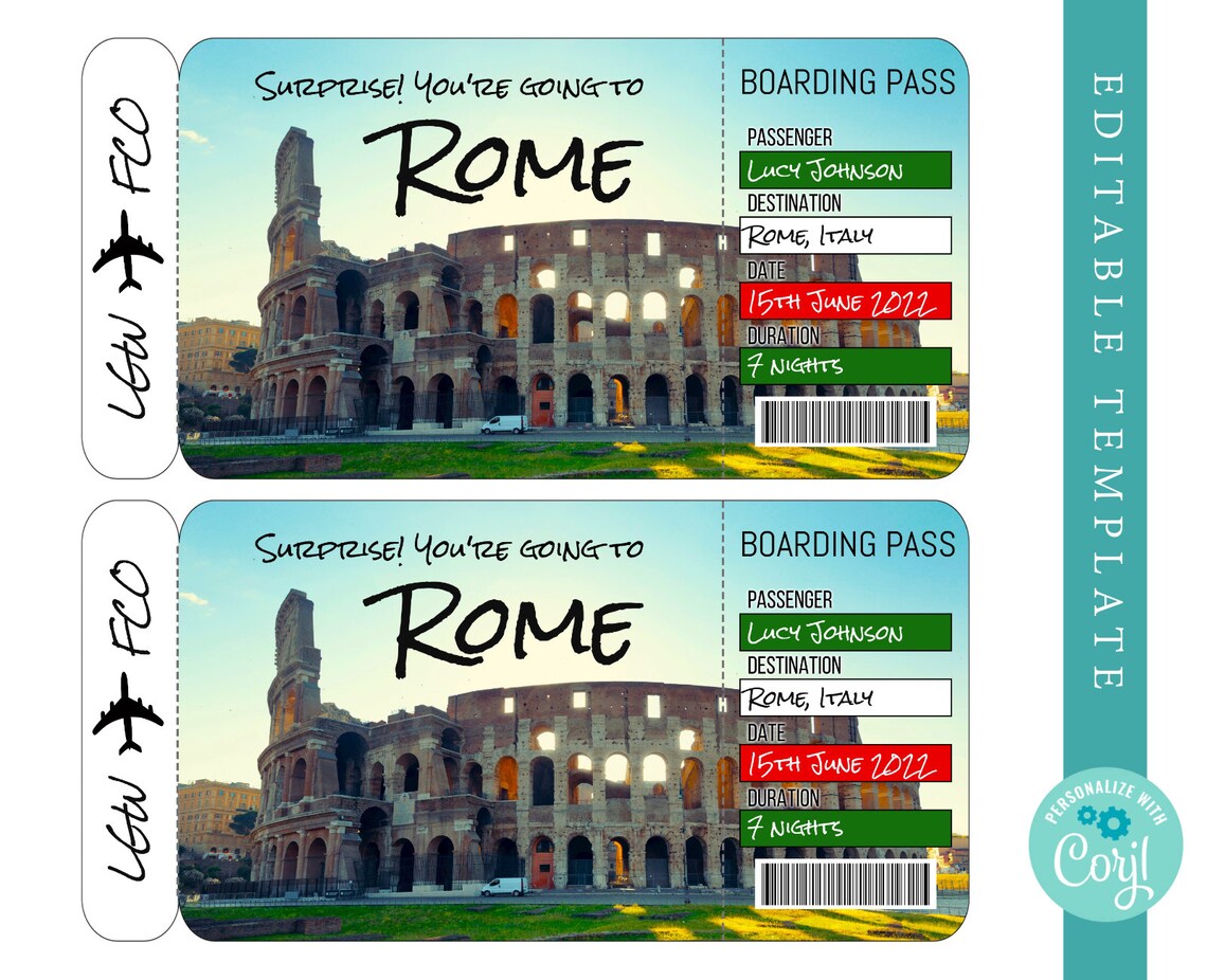 Rome Boarding Pass Template Trip to Italy Airplane Ticket | Etsy