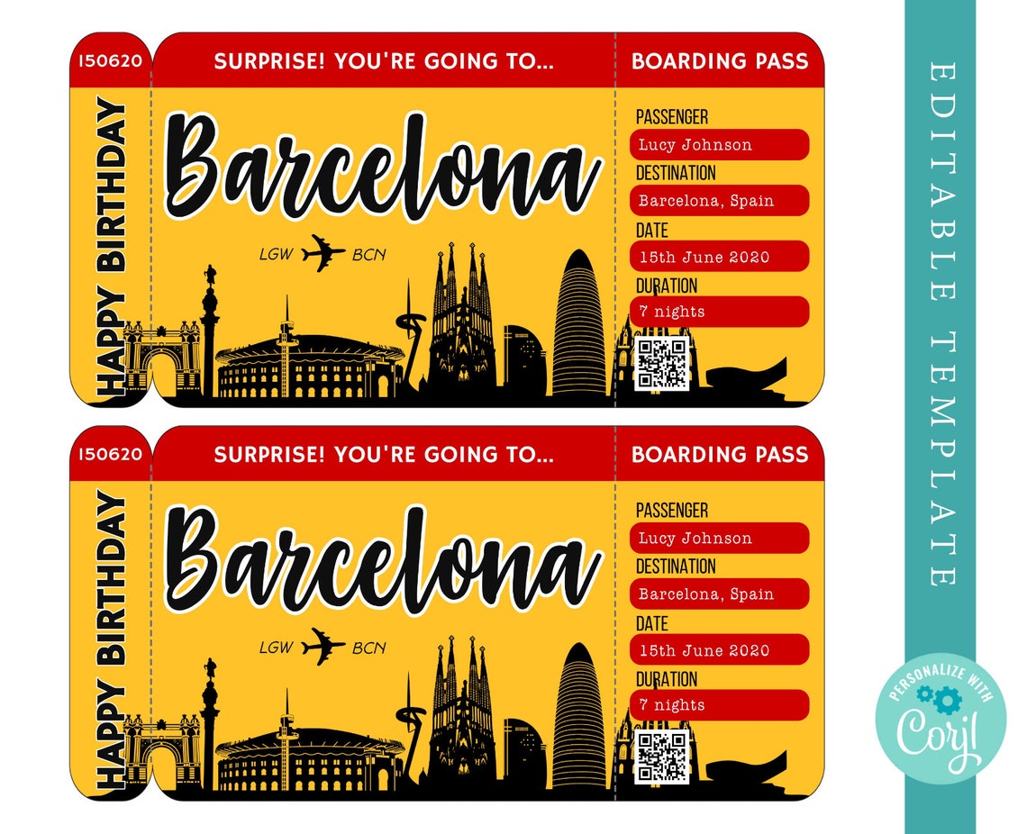 Barcelona Boarding Pass Template Trip to Spain Airplane Ticket - Etsy