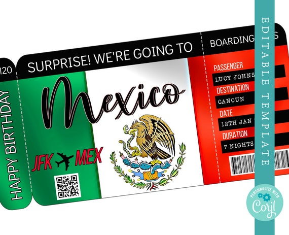 Mexico Boarding Pass Template Trip to Cancun Airplane Ticket | Etsy