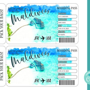 Maldives Editable Boarding Pass Printable Surprise Airline Ticket Trip ...