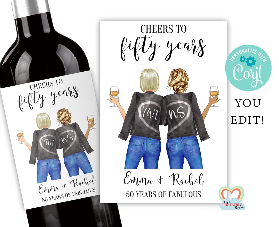 Twins 50th Wine Label Printable Diy Wine Label 50 Birthday Editable ...