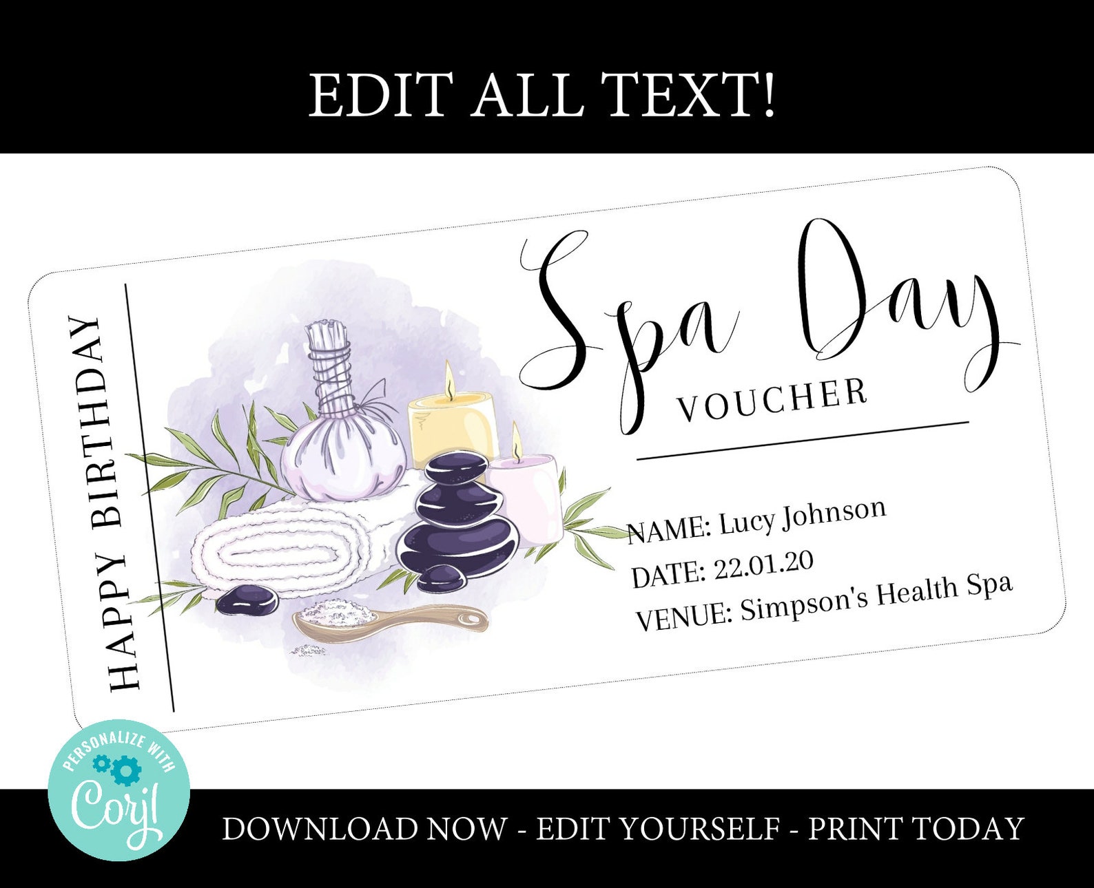 Spa day gift voucher printable editable spa gift certificate | Etsy