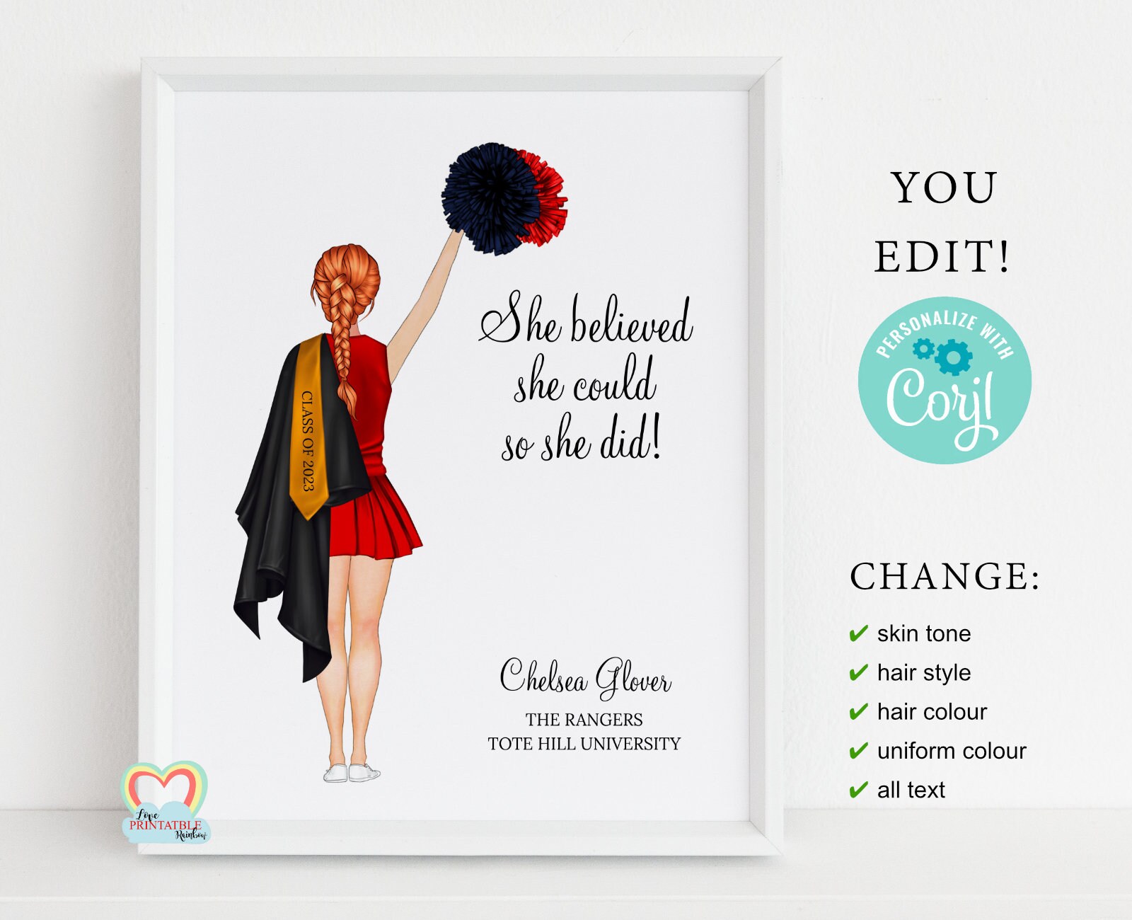 Cheerleader Graduation Printable Gift Cheerleader Illustration - Etsy