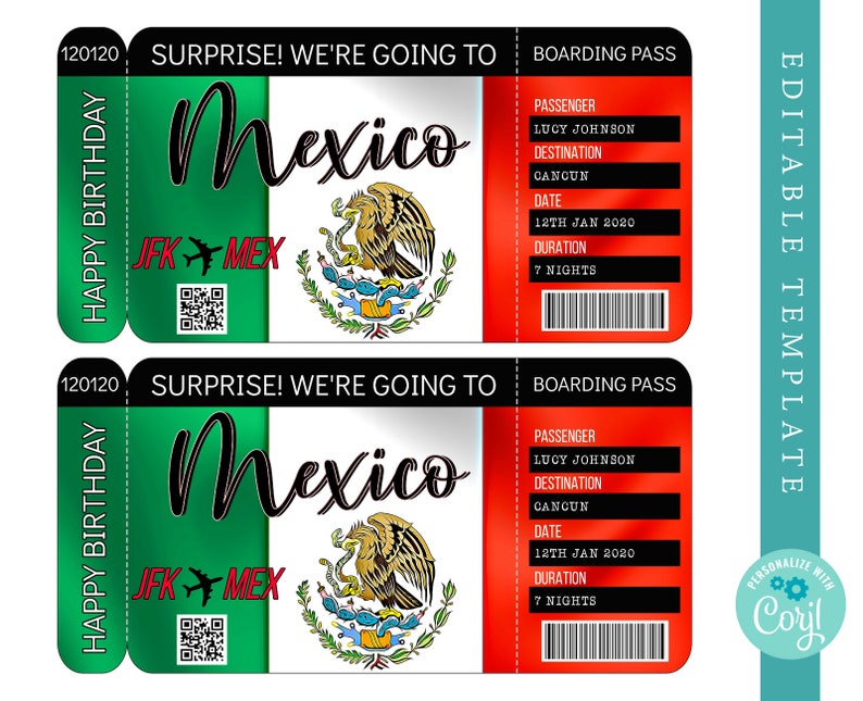 Mexico Boarding Pass Template Trip to Cancun Airplane Ticket Printable ...