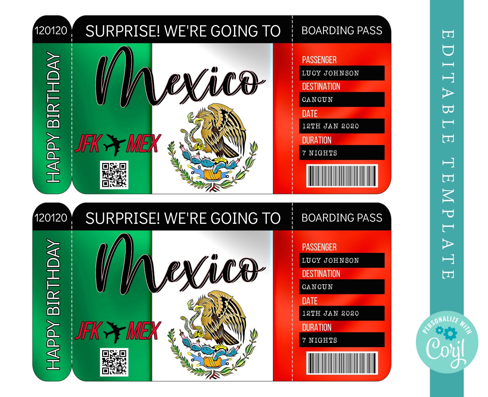Mexico Boarding Pass Template Trip to Cancun Airplane Ticket Printable ...