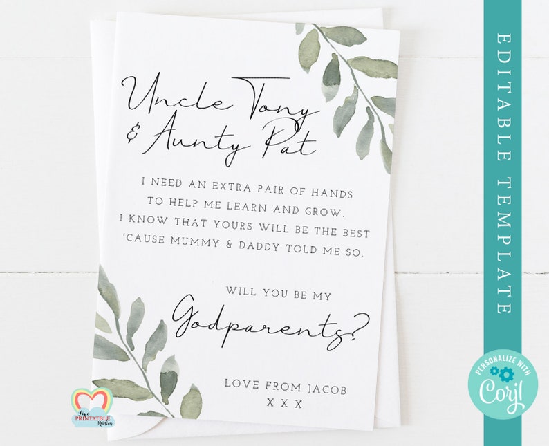 Godparents Card Template Printable Godmother Poem Card Instant - Etsy