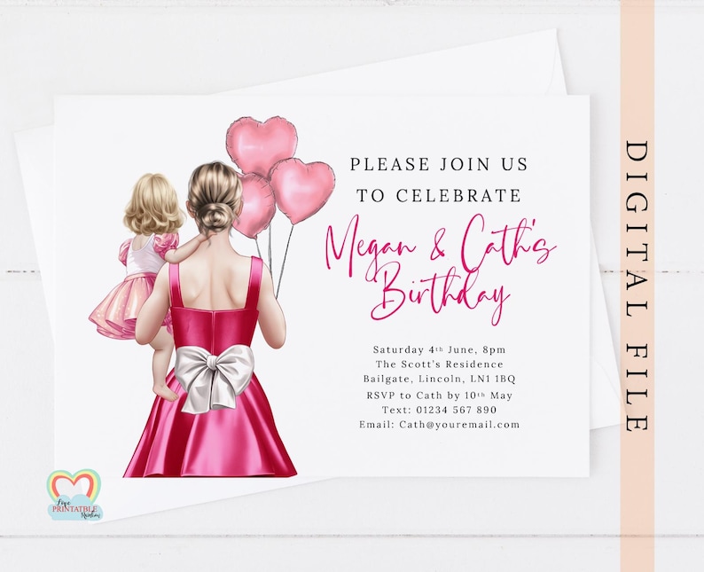 Mother and Daughter Joint Birthday Party Digital Printable Invitation ...