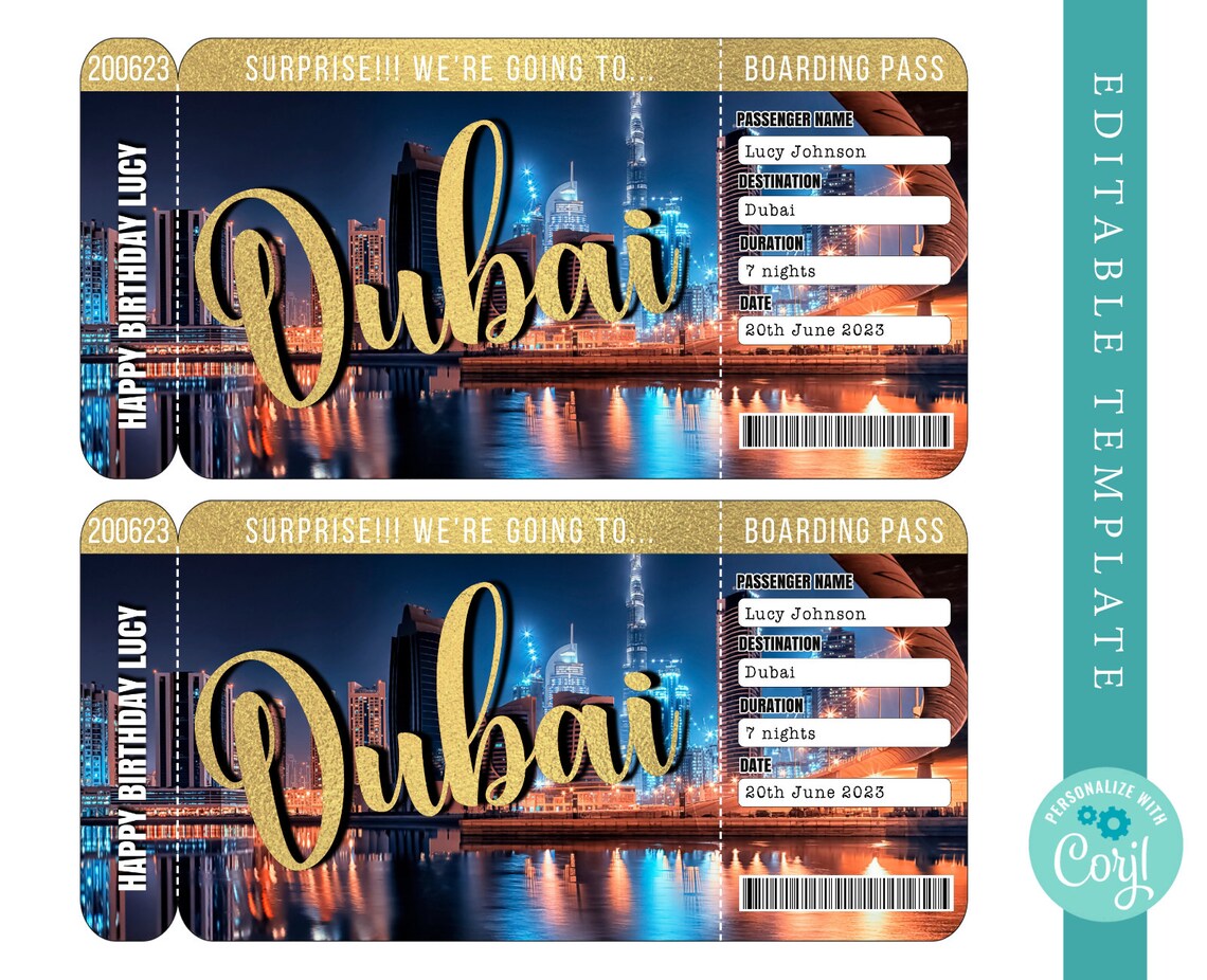 Dubai Boarding Pass Template Trip to United Emirates Airplane - Etsy