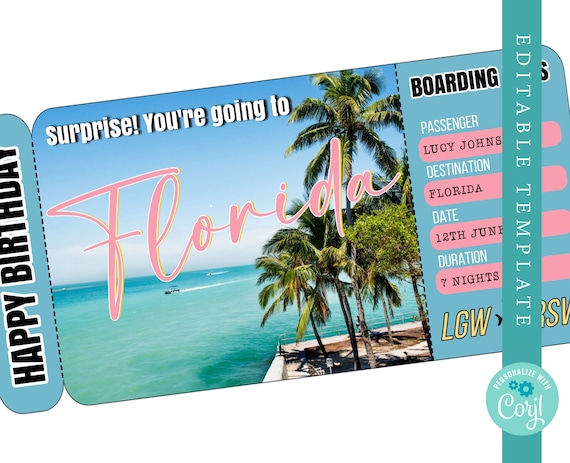 Florida Boarding Pass Template Trip to Florida Airplane Ticket - Etsy