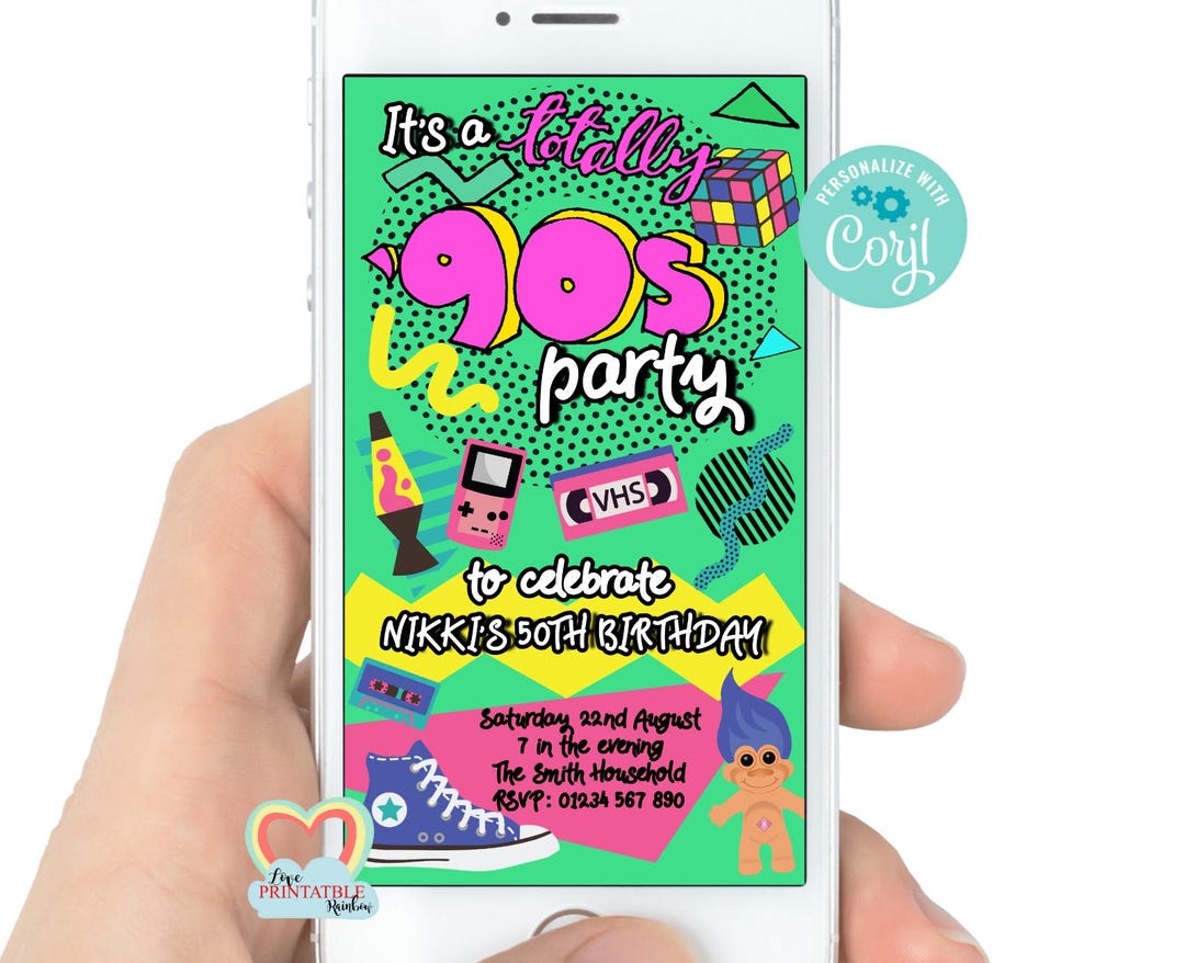 Editable 90s Party Text Invitation Corjl Template | Digital Retro ...