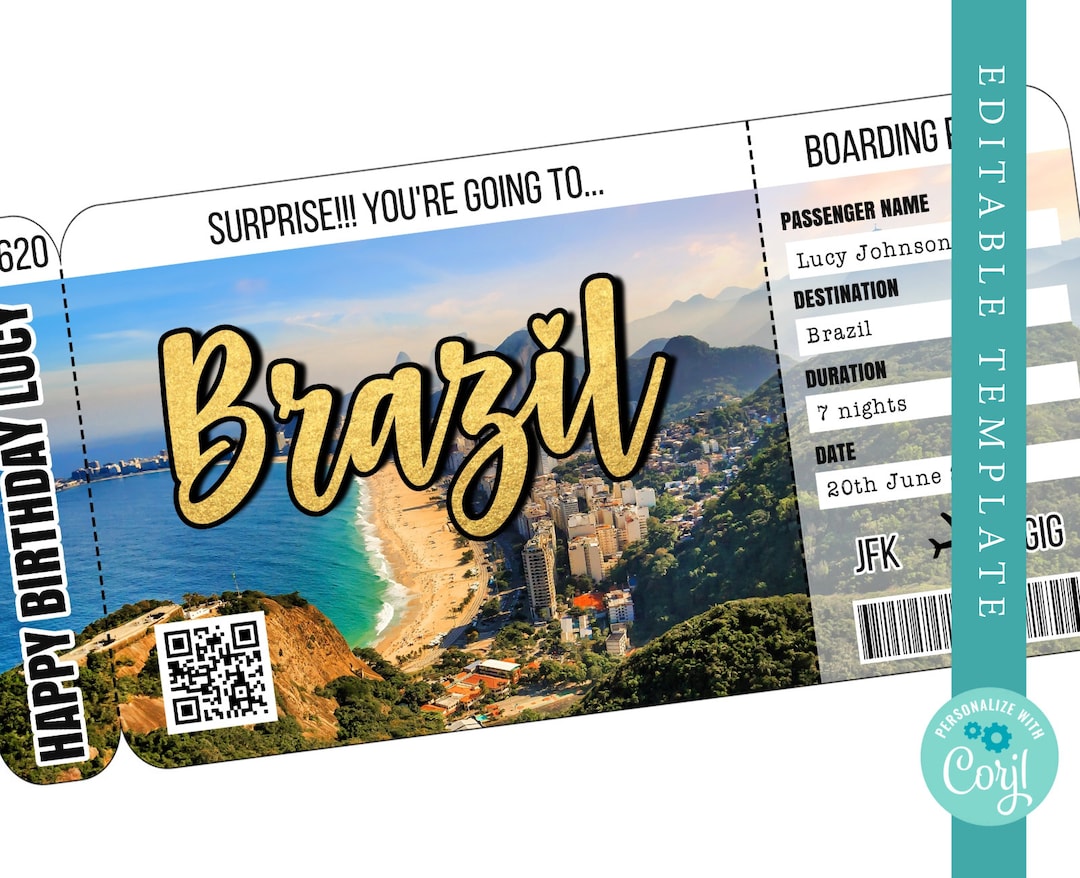 Brazil Boarding Pass Template Trip to Brazil Airplane Ticket Printable ...