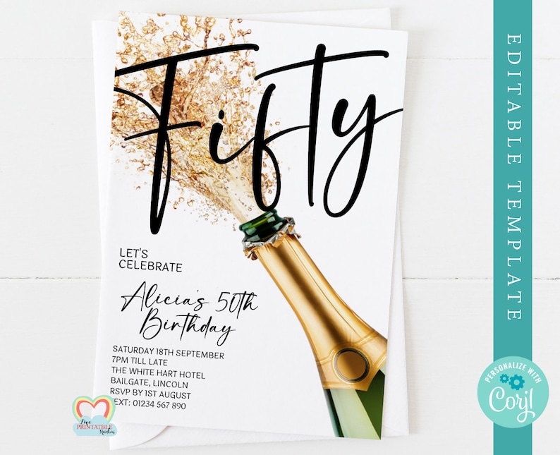 Printable 50th Birthday Invitation Gold Champagne Editable - Etsy