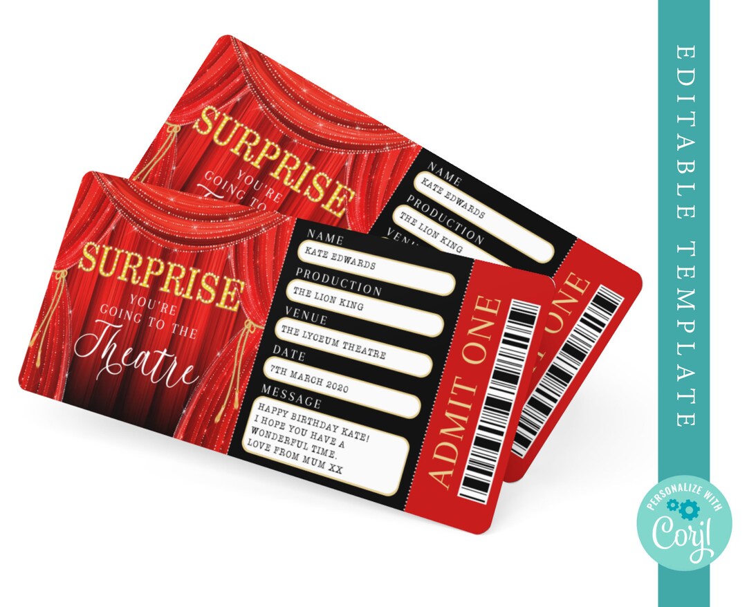 Personalised Theatre Ticket Printable Broadway Surprise Trip Editable ...