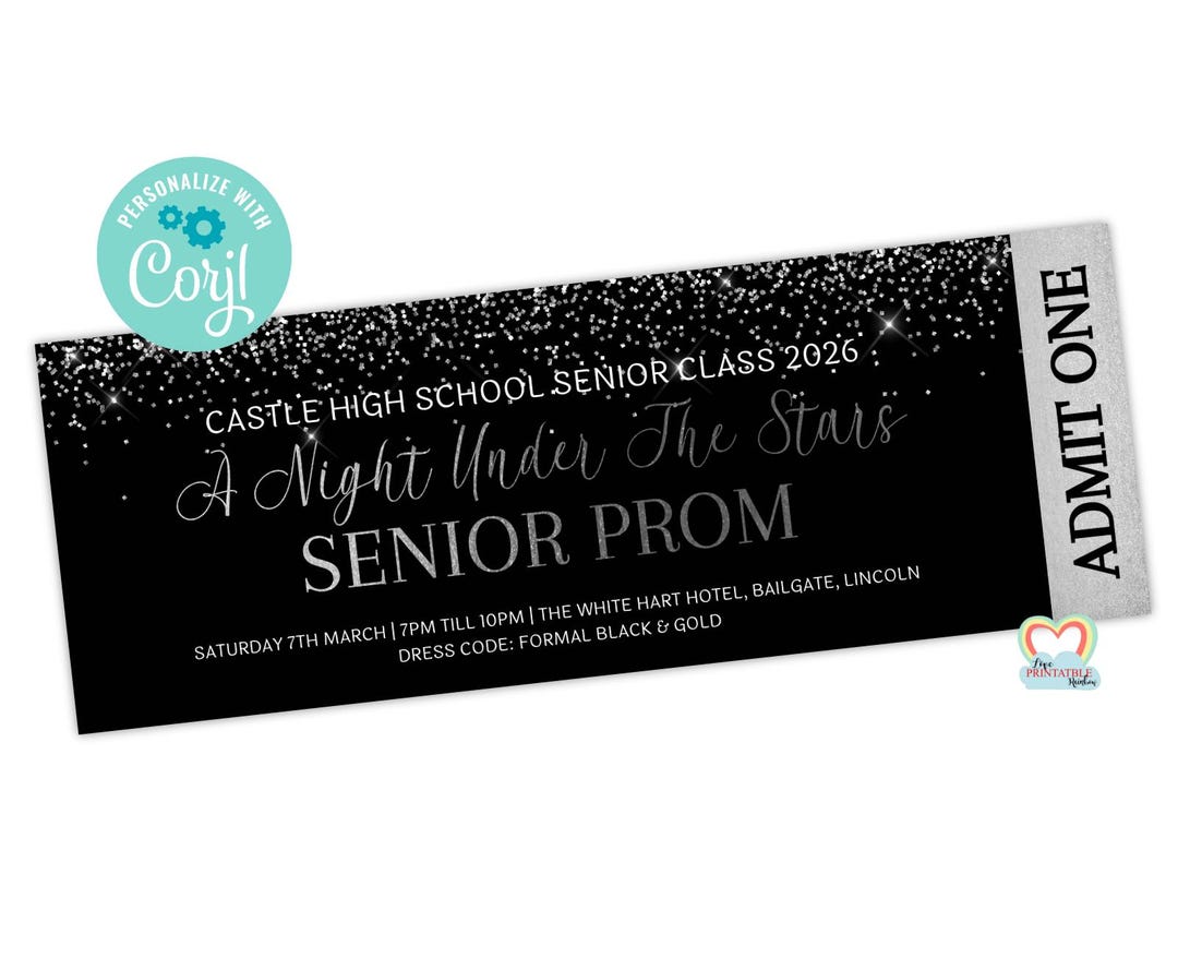Black and Silver Editable Prom Ticket Template: A Night Under the Stars ...
