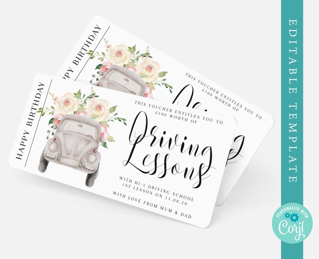 Driving Lessons Gift Voucher Printable Driving Lesson Voucher Editable ...