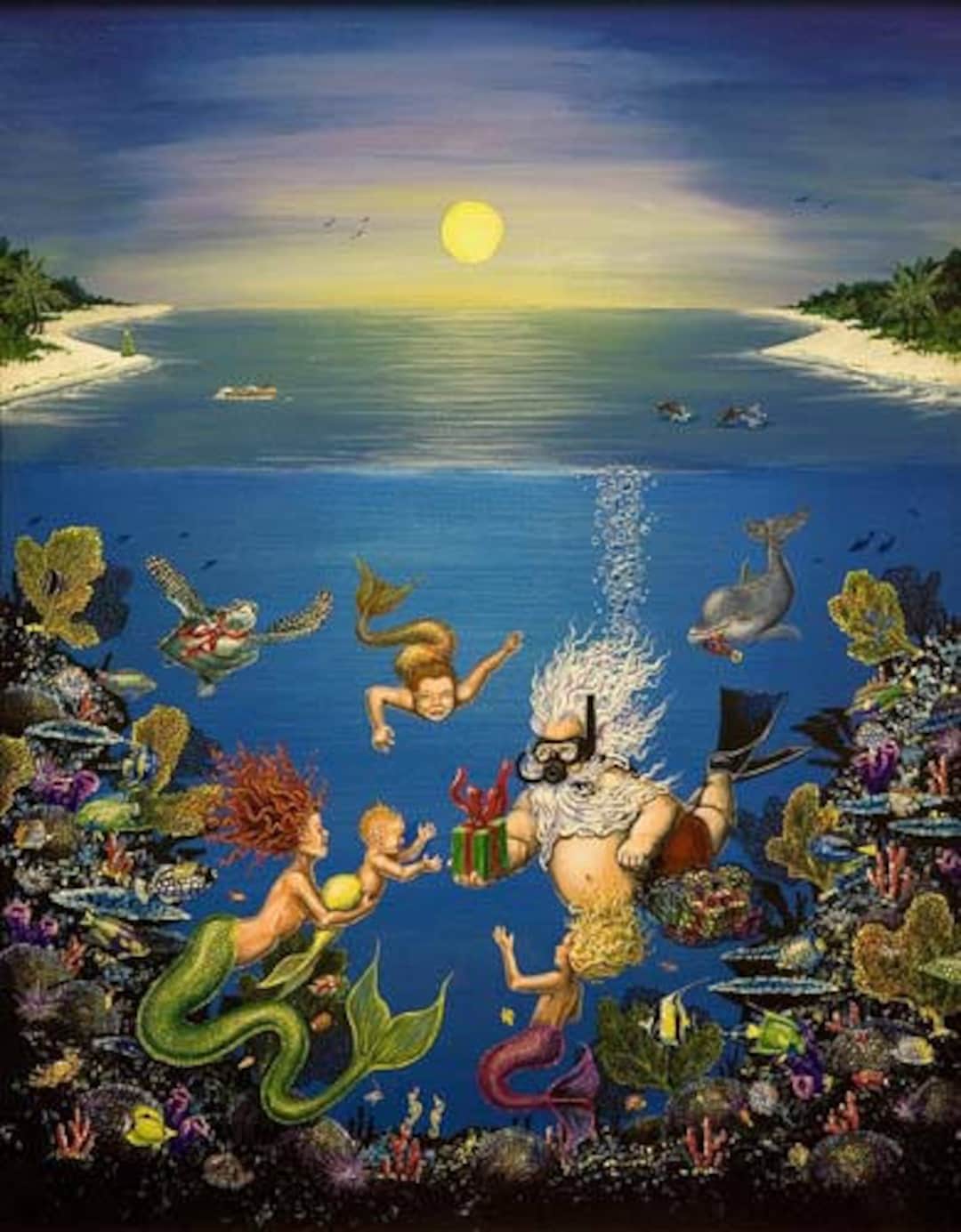 Santa With Mermaids, Mermaids and Santa Painting, Mermaid Painting ...
