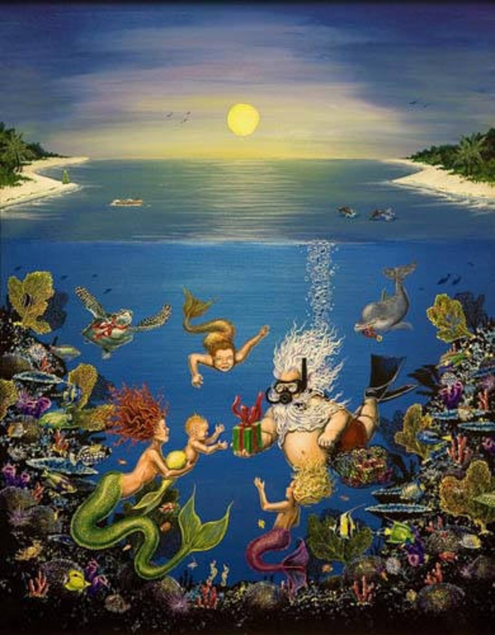 Santa With Mermaids, Mermaids and Santa Painting, Mermaid Painting ...