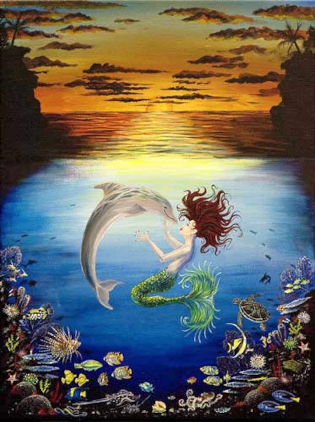 The Dolphin & the Mermaid: the Kiss, Dolphin and Mermaid Painting ...