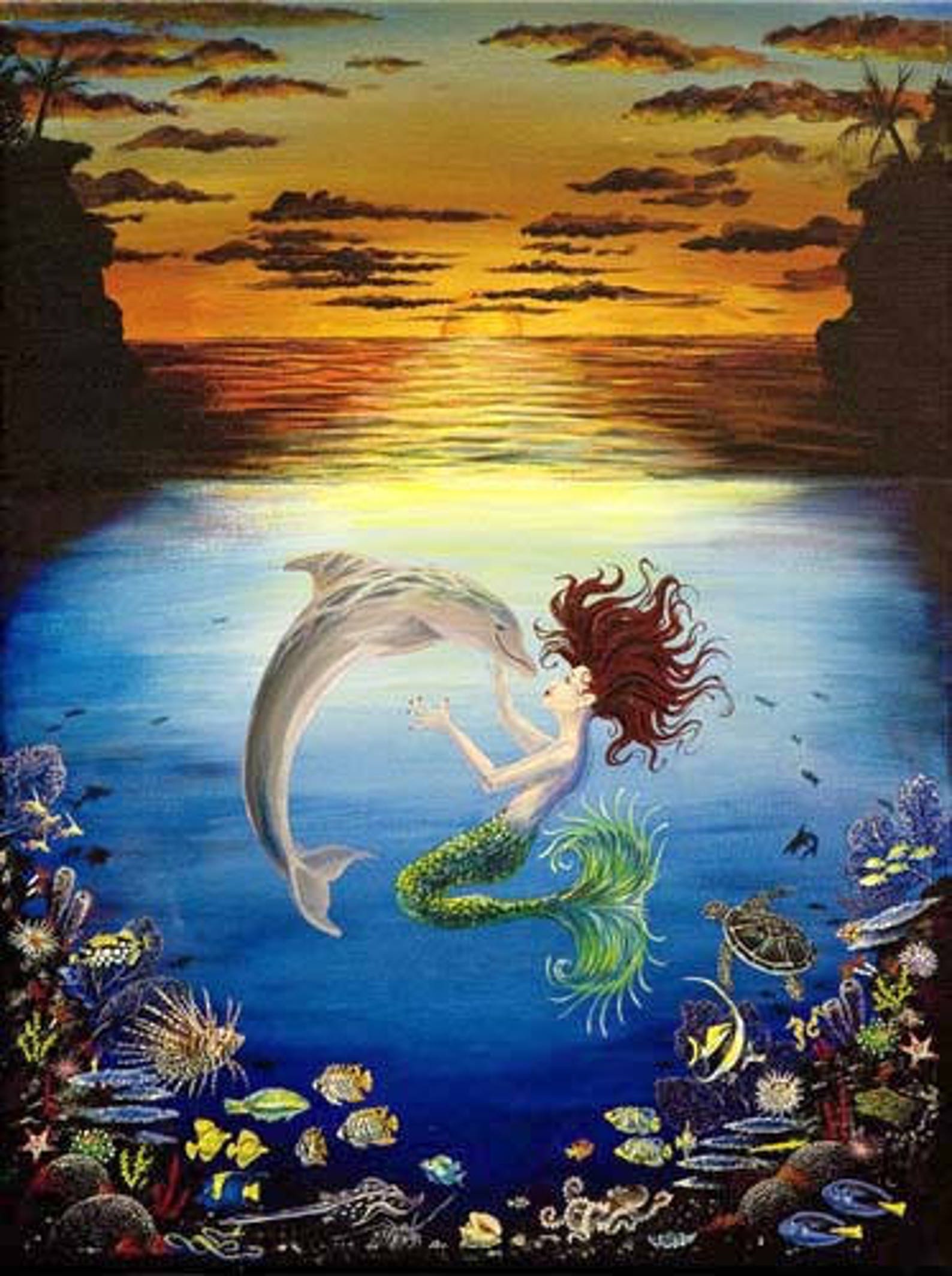 The Dolphin & the Mermaid: The Kiss, Dolphin and Mermaid Painting ...