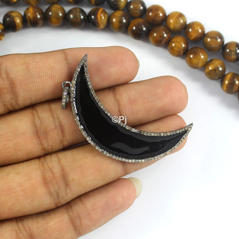 Pave Moon Diamond Crescent Pendant Black Enamel Crescent Moon - Etsy