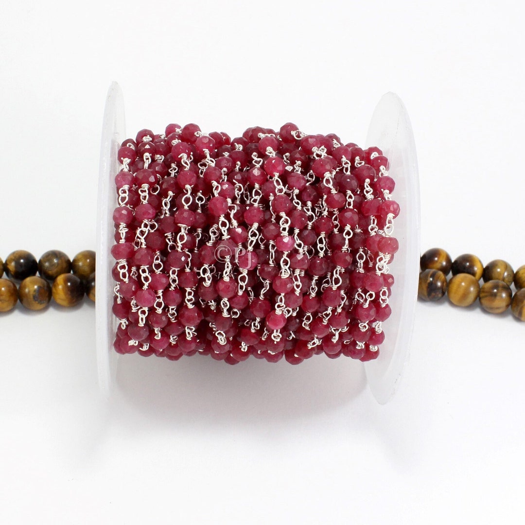 Natural Ruby Beads Rosary Chain, Ruby Beads Chain, 925 Sterling Silver ...