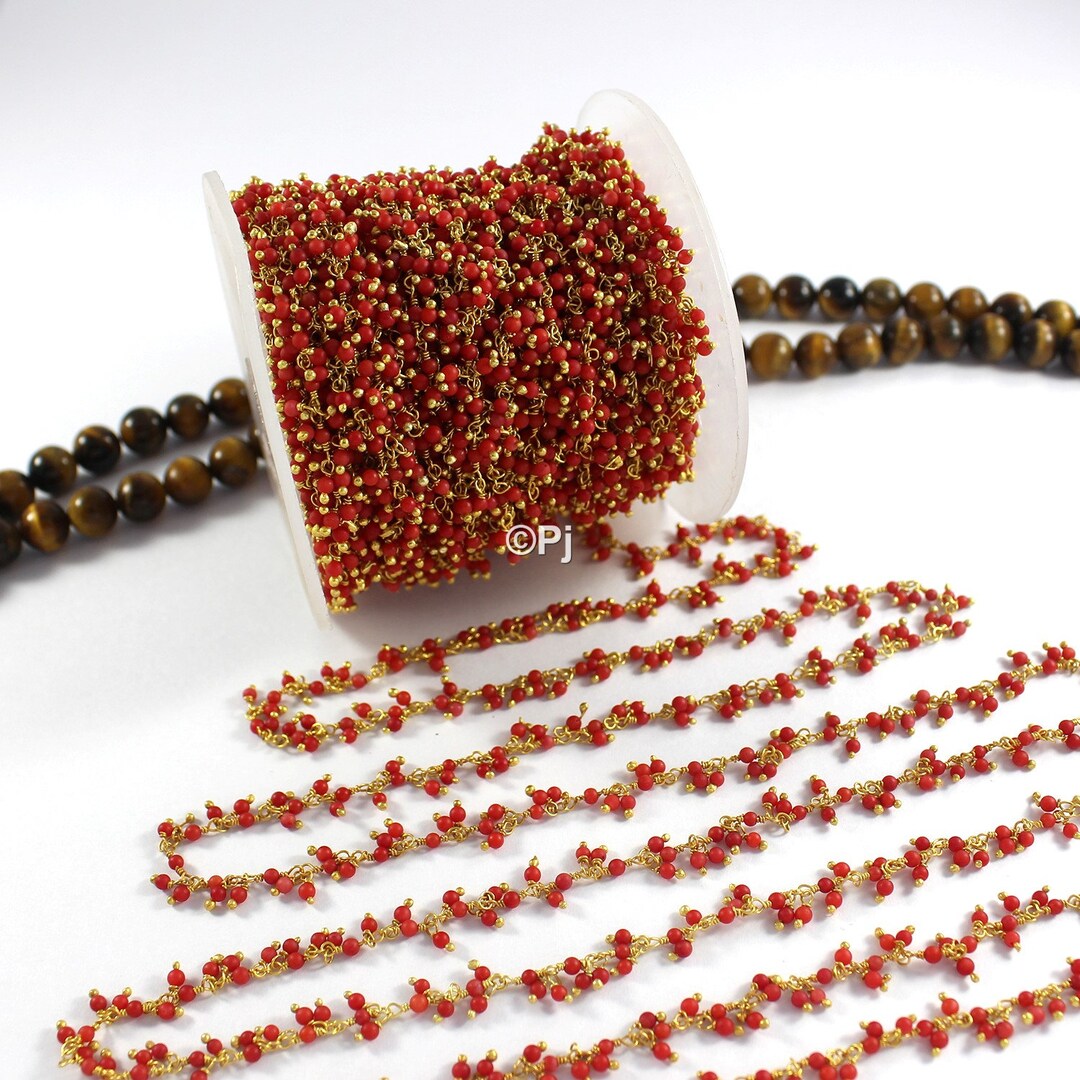 Red Coral Cluster Rosary Chains, 2mm Red Coral Dangling Wire Wrapped ...