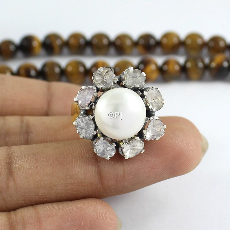 Pearl & Polki Diamond Ring Natural Polki Diamond Pearl Ring | Etsy
