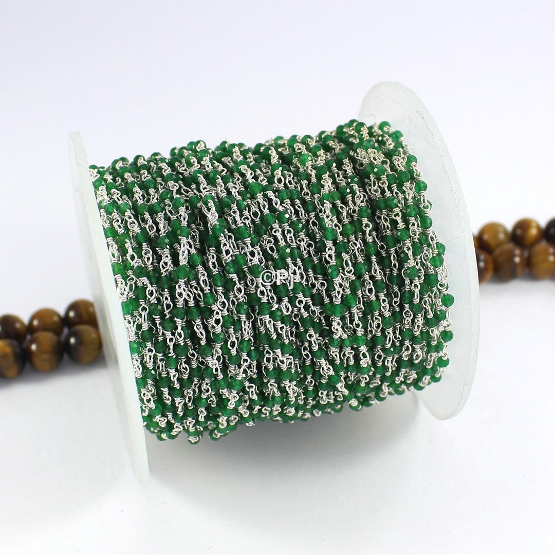 Green Onyx Rosary Style Beaded Chain, 2mm Green Onyx Beads Wire Wrapped ...