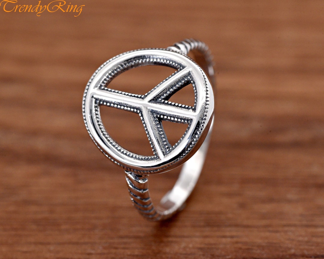 Round Peace Sign Solid 925 Sterling Silver Ring, Womens Peace Symbol ...