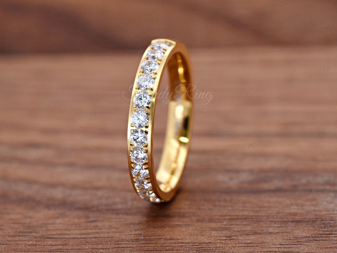 Gold Plated Titanium 3mm Thin Prong Set Round Clear CZ Half Eternity ...