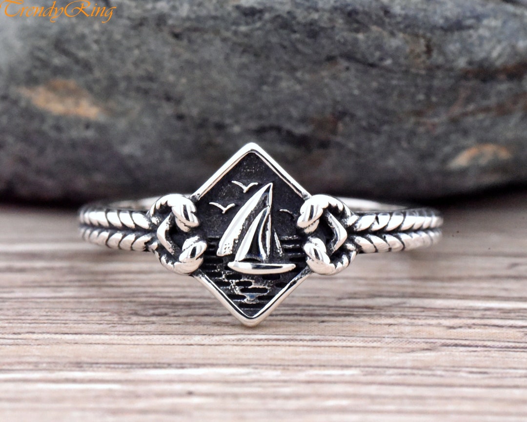 Sailboat Ring, Rhombus Sailboat Seagulls Carved With Rope Sides Unique ...
