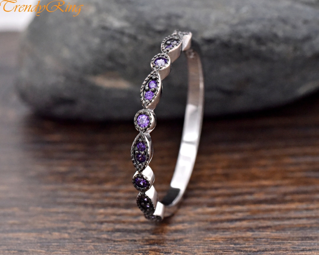 Half Eternity Purple CZ Black Rhodium Sterling Silver Ring, Simulated ...