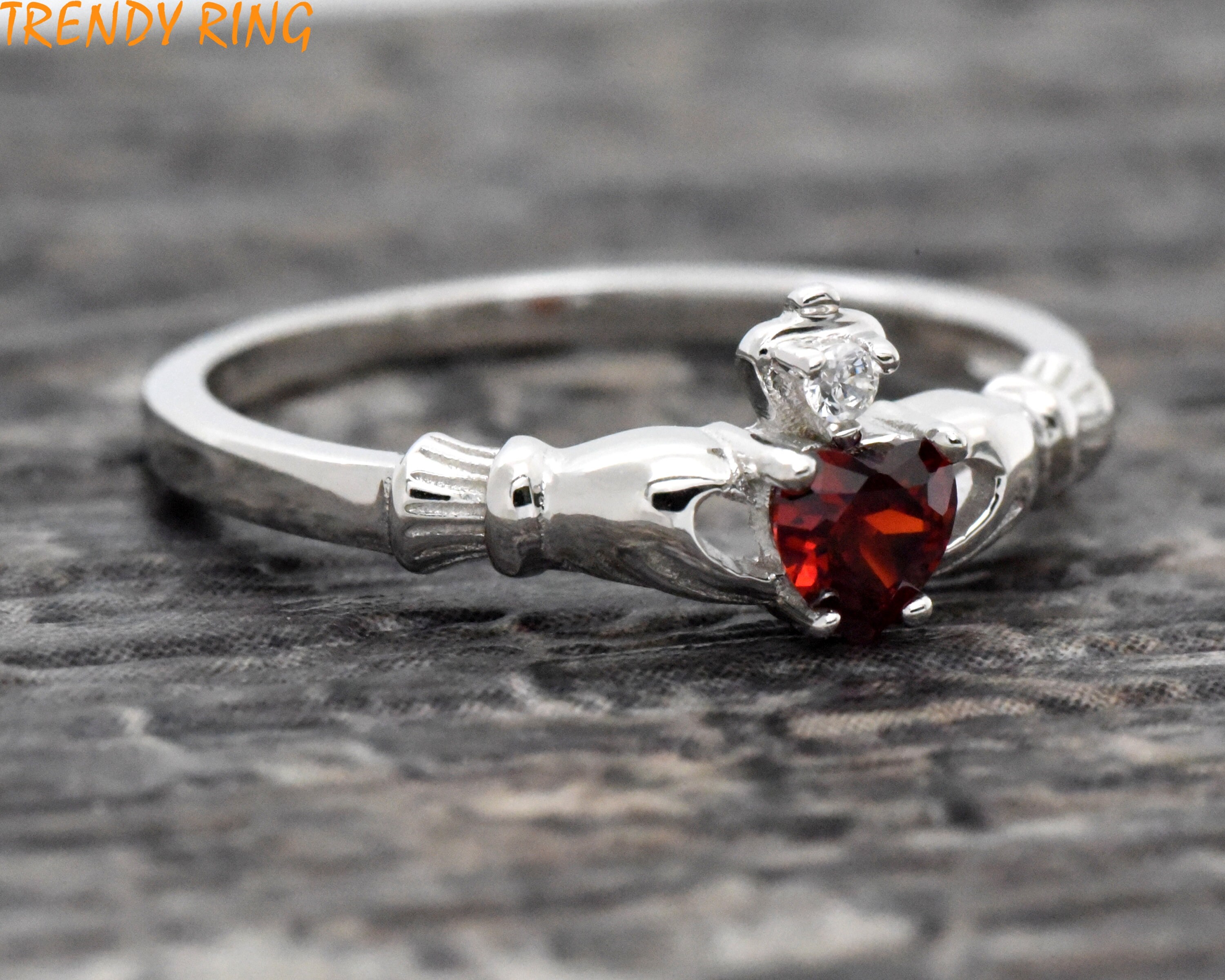 Heart Claddagh Wedding Ring Silver Synthetic Dark Red Garnet | Etsy